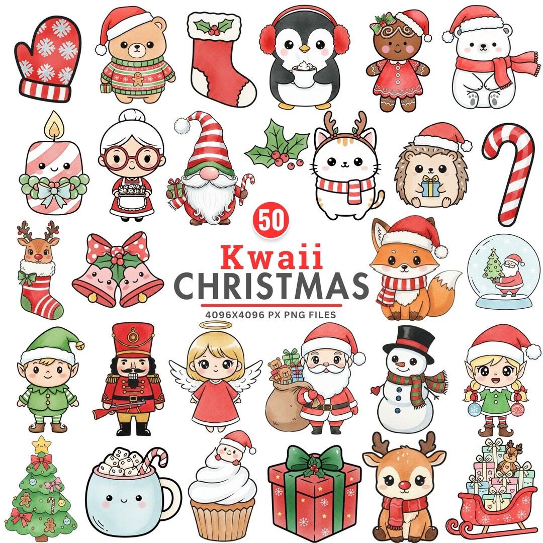 Kawaii Christmas Clipart, Cute Christmas PNG, Santa PNG, Snowman ...