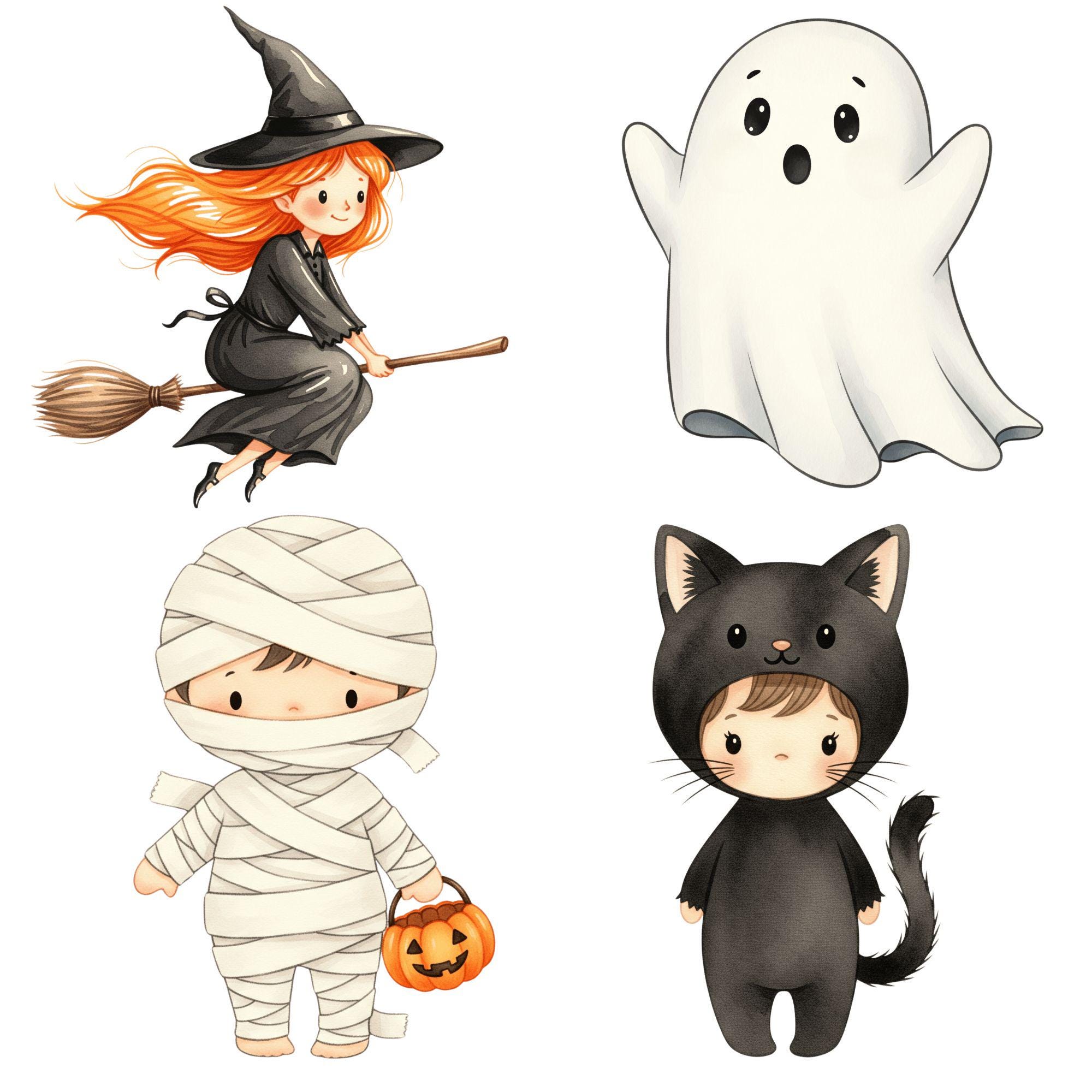 Cute Halloween Clipart, Kids Ghost PNG, Watercolor Pumpkin Art, Little ...