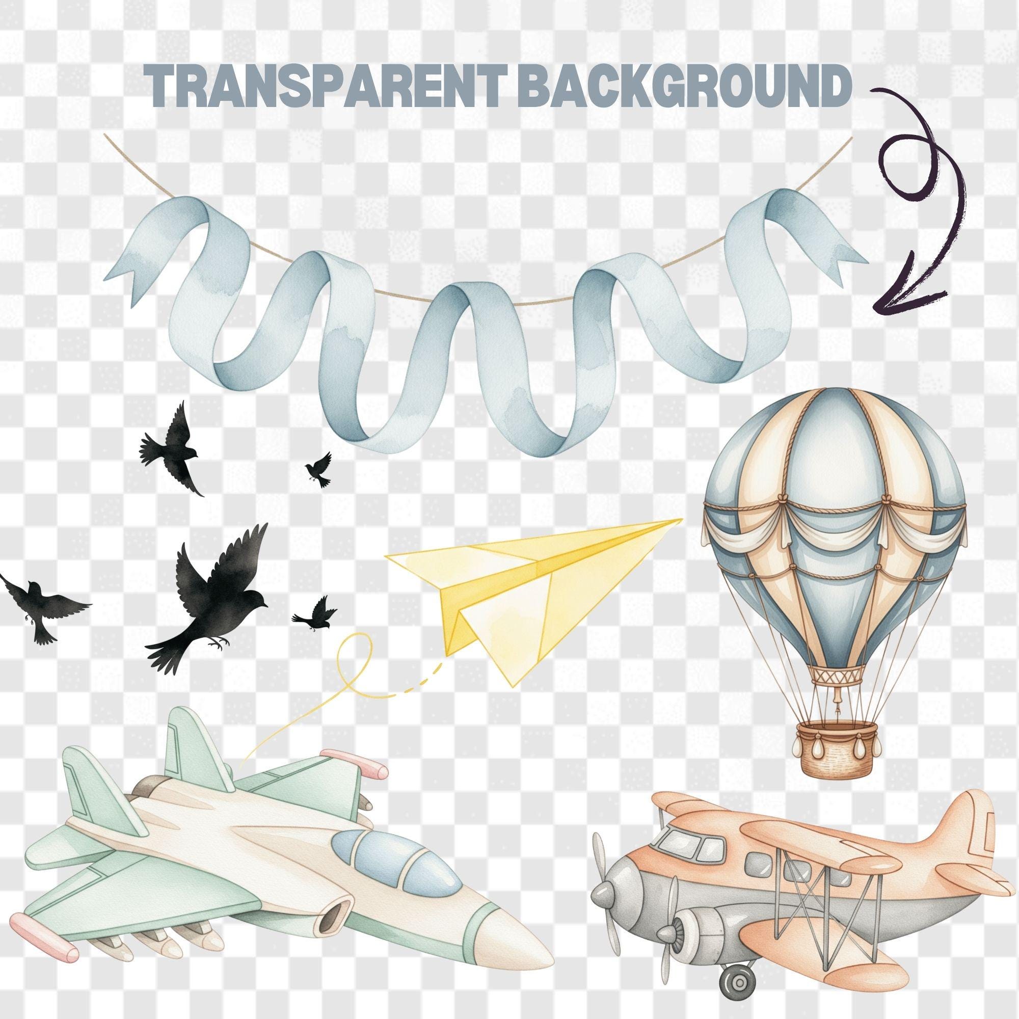 Watercolor Air Transport Clipart, Hot Air Balloon, Cute Airplane PNG ...