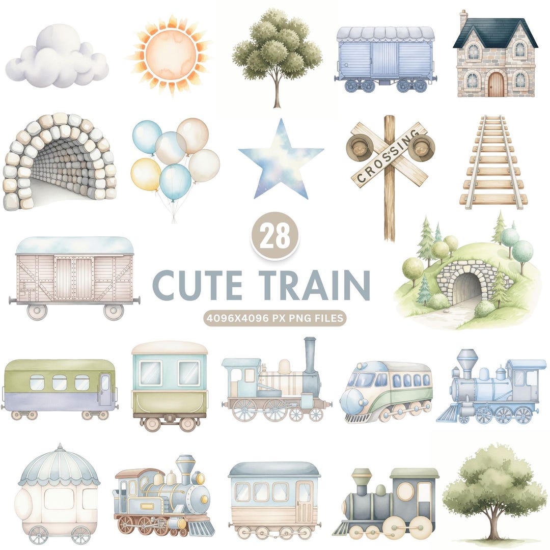 Watercolor Cute Train Clipart, Blue Train PNG, Transportation Clipart ...