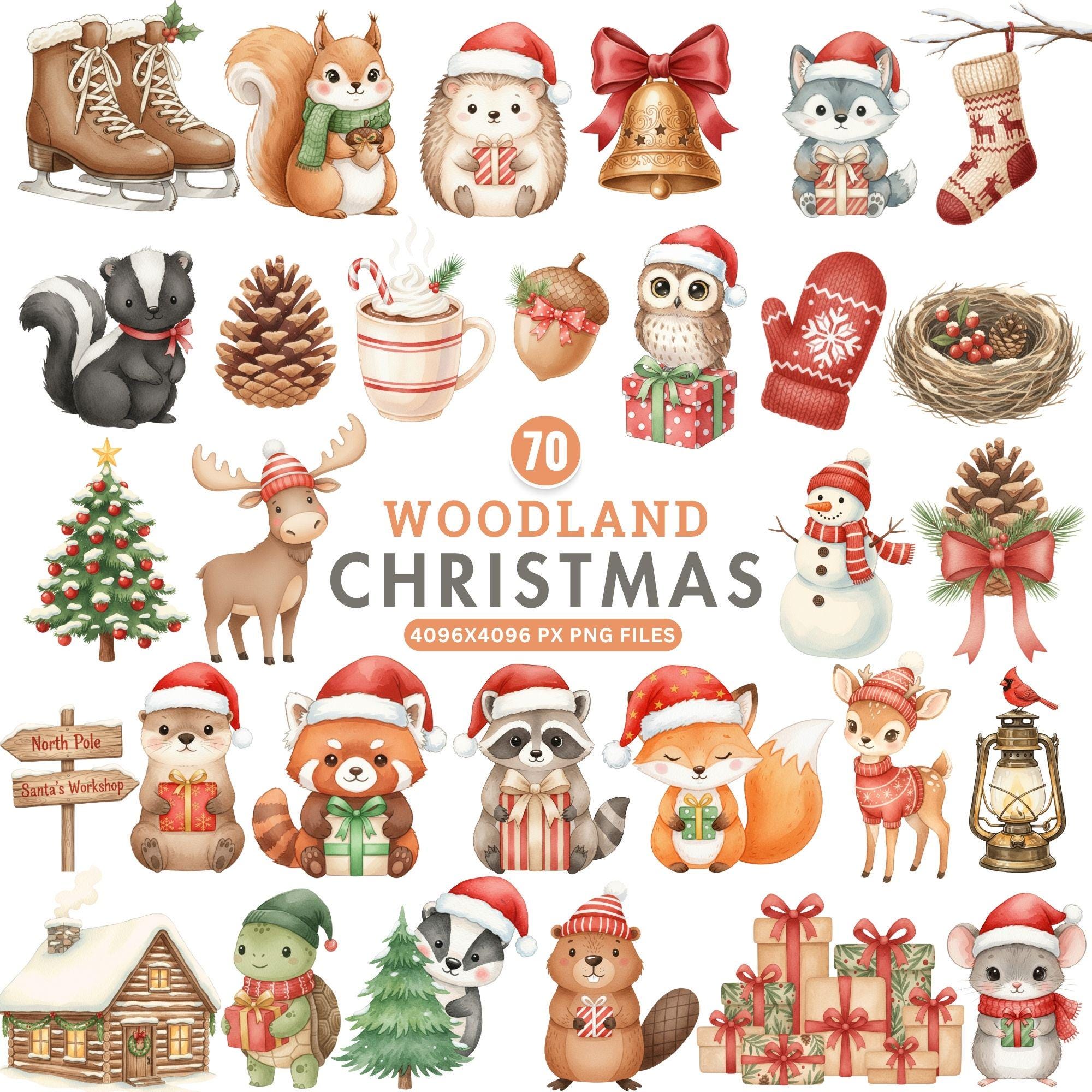 Christmas Woodland Animals Clipart, Watercolor Forest Friends PNG, Cute ...