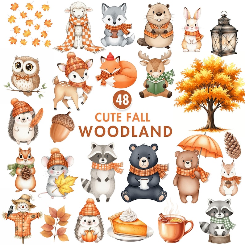 Fall Woodland Clipart, Autumn Animals Clipart, Fox - Bear - Rabbit ...