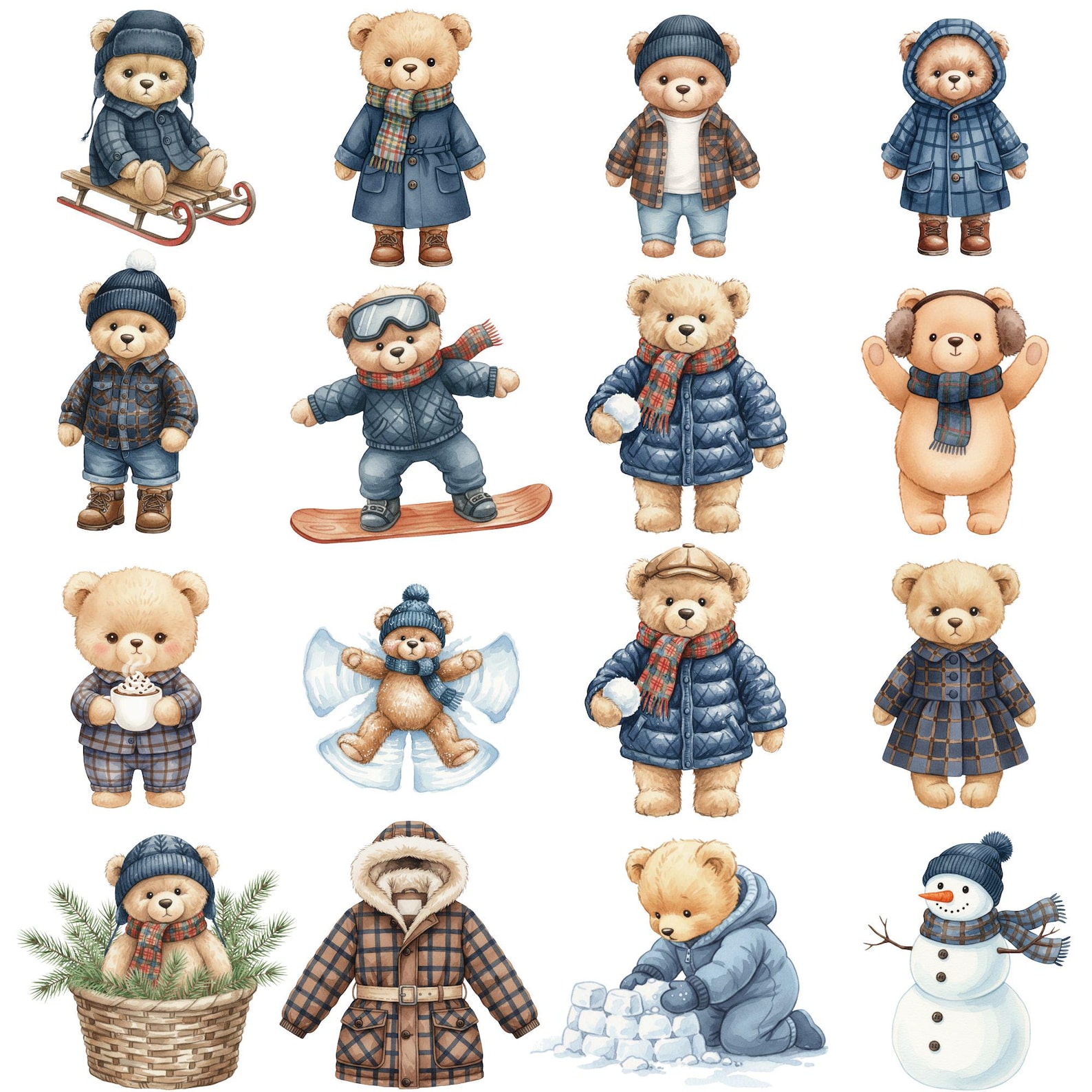 Winter Teddy Bears Clipart, Cute Christmas PNG, Watercolor Teddy Bear ...