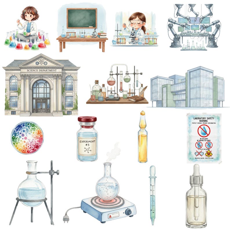 Science Lab Clipart, Watercolor Chemistry PNG, Microscope, Test Tubes ...