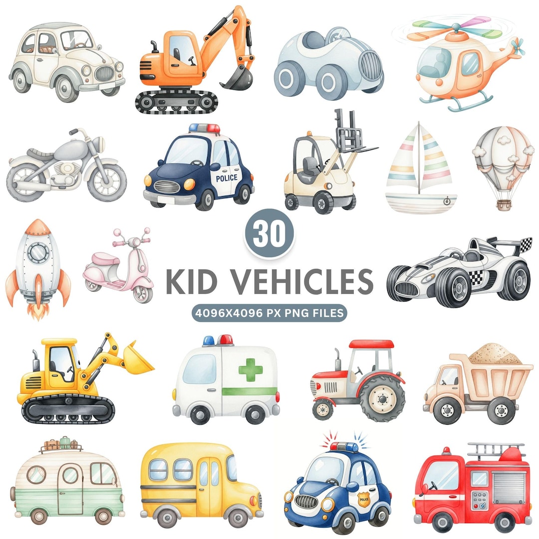 Kids Vehicle Clipart, Watercolor Transport PNG, Cute Car Clipart, Truck ...
