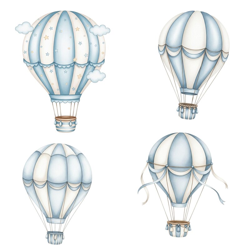 Blue Hot Air Balloon Clipart, Air Transport Clipart, Watercolor Baby ...