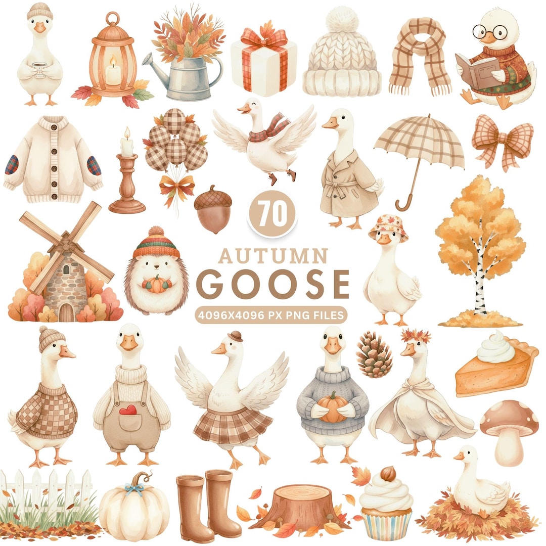 Watercolor Autumn Goose Clipart, Fall Goose PNG Set, Cozy Silly Goose ...