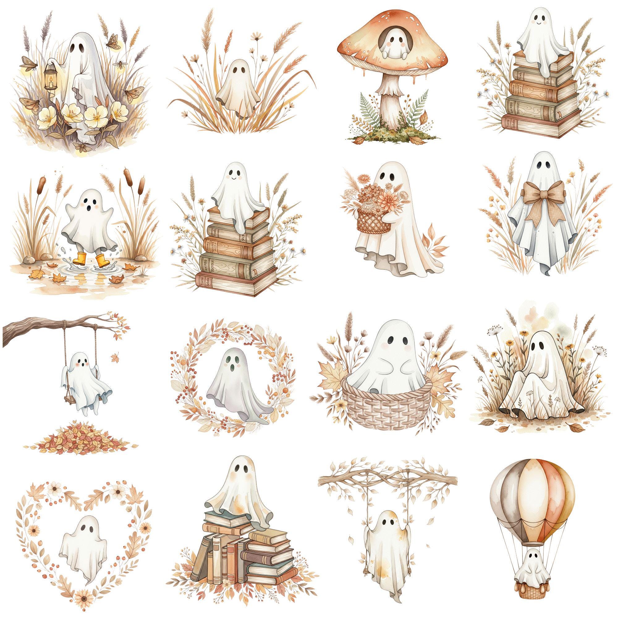 Vintage Fall Ghost Clipart, Boho Floral Halloween Ghost PNG, Autumn ...