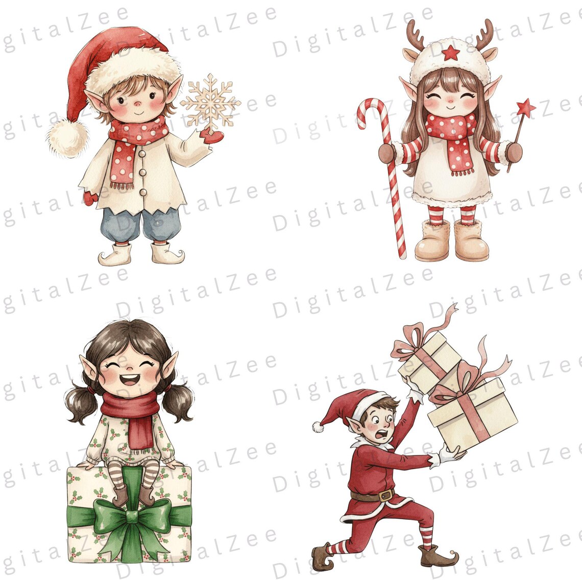 Whimsical Christmas Elf Clipart, Cute Watercolor Elves PNG, Festive ...