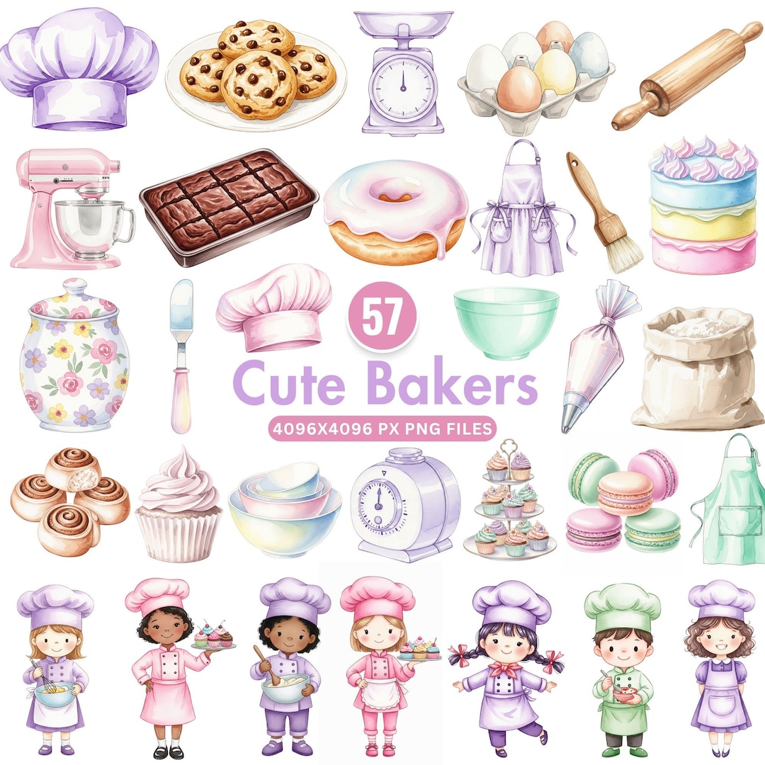 Cute Bakery Clipart, Pastel Baking PNG, Watercolor Kitchen Clipart ...