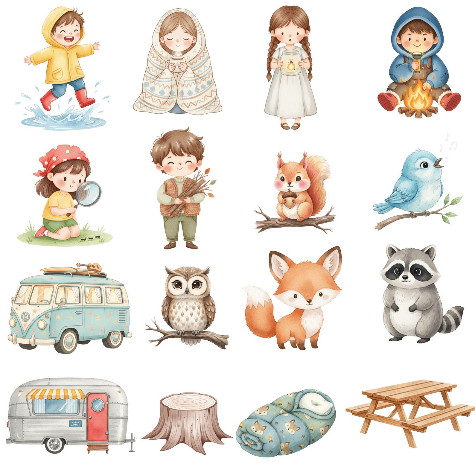 Cute Camping Clipart, Kids Camping PNG, Watercolor Woodland Bear and ...