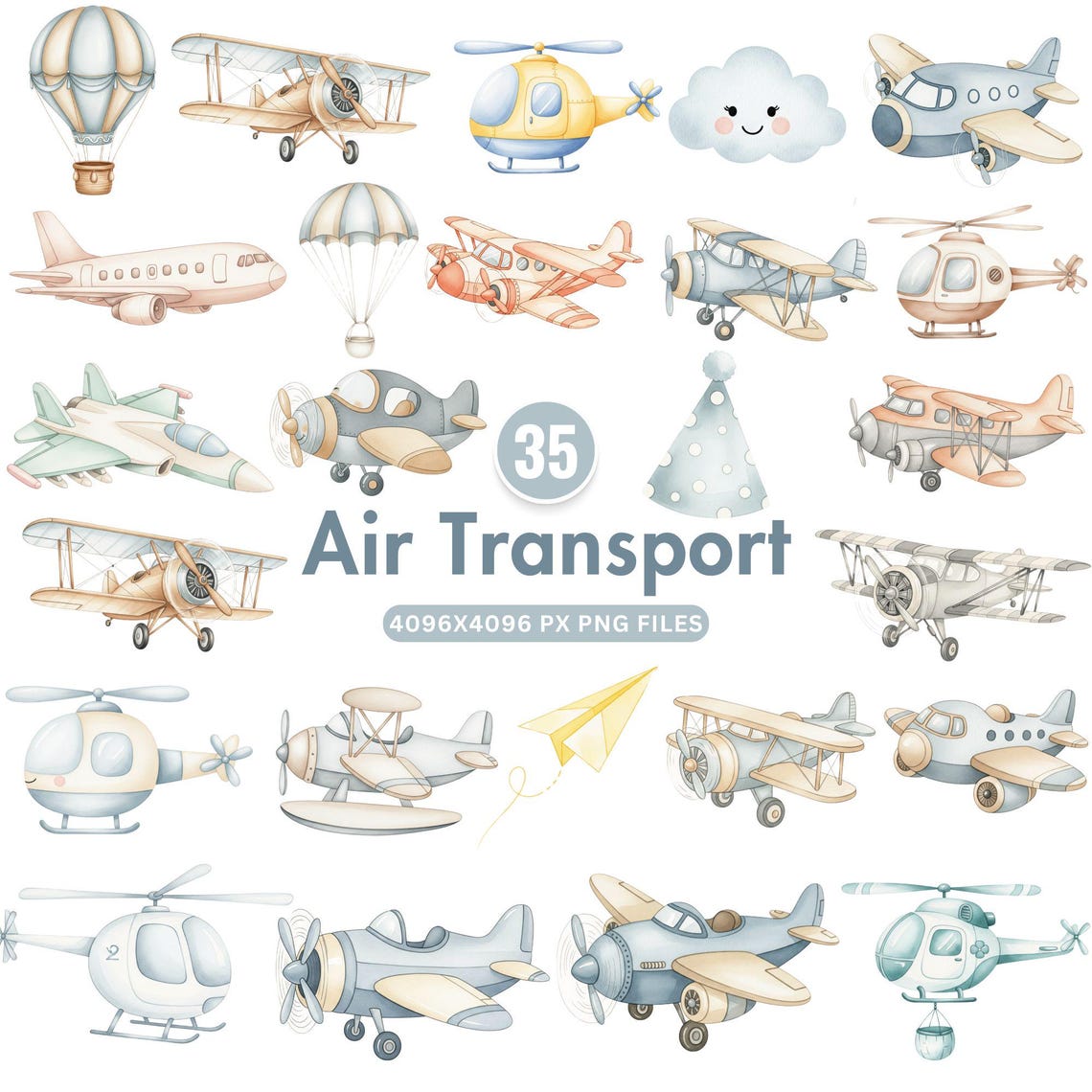 Watercolor Air Transport Clipart, Hot Air Balloon, Cute Airplane PNG ...