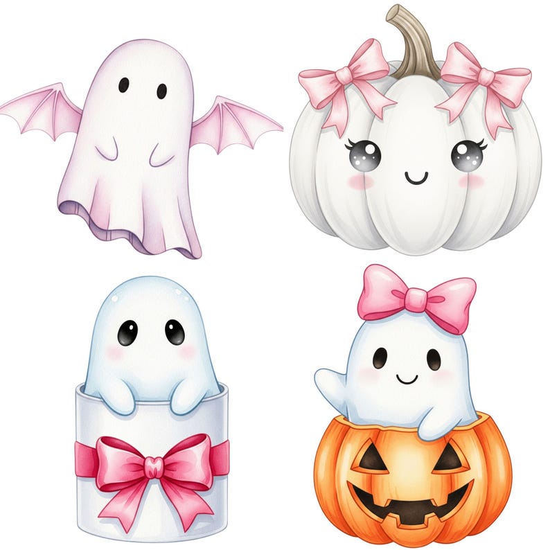 Pink Halloween Clipart, Cute Ghost PNG, Pastel Pumpkin Art, Kawaii ...