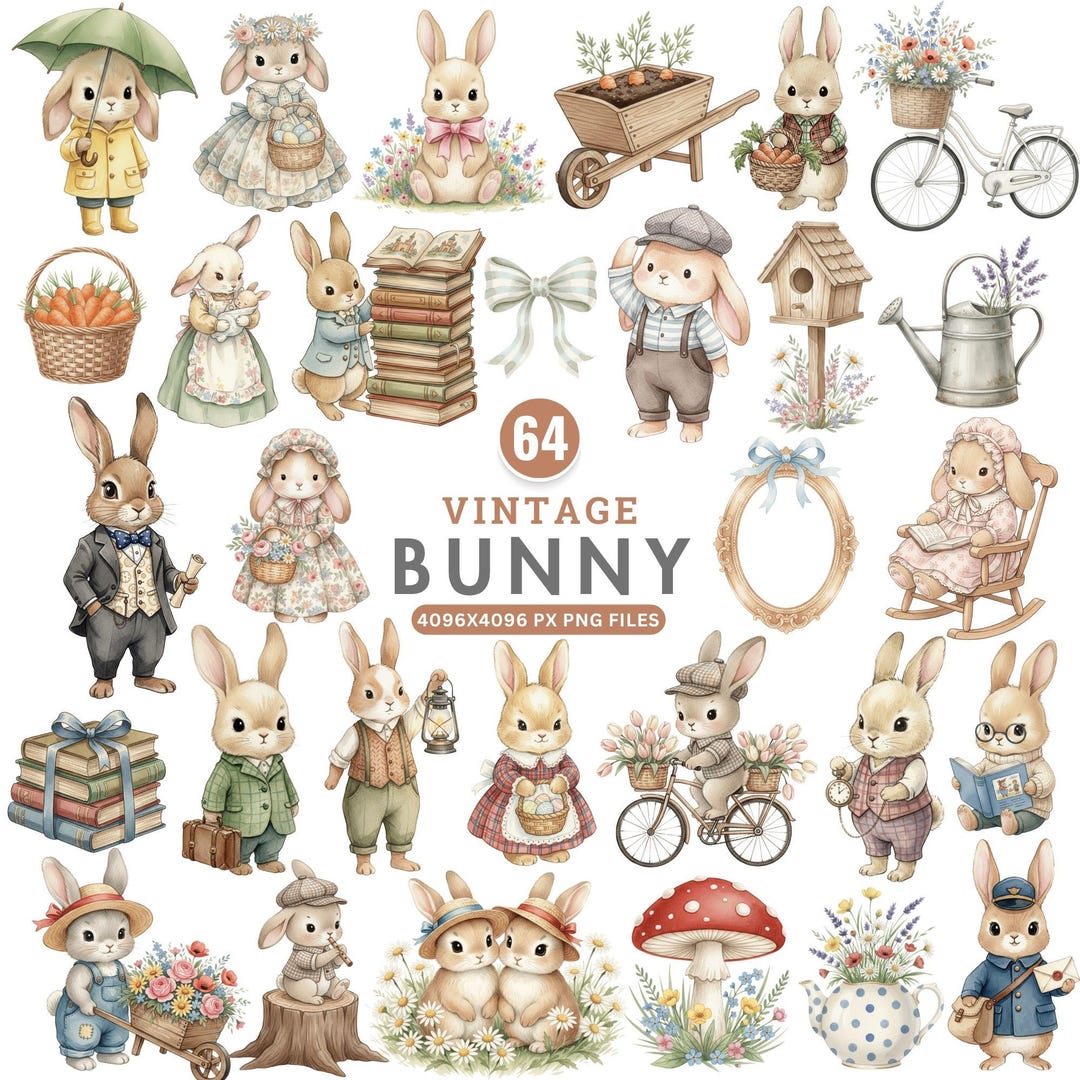 Vintage Bunny Clipart, Easter Bunny Clipart, Watercolor Bunny PNG ...