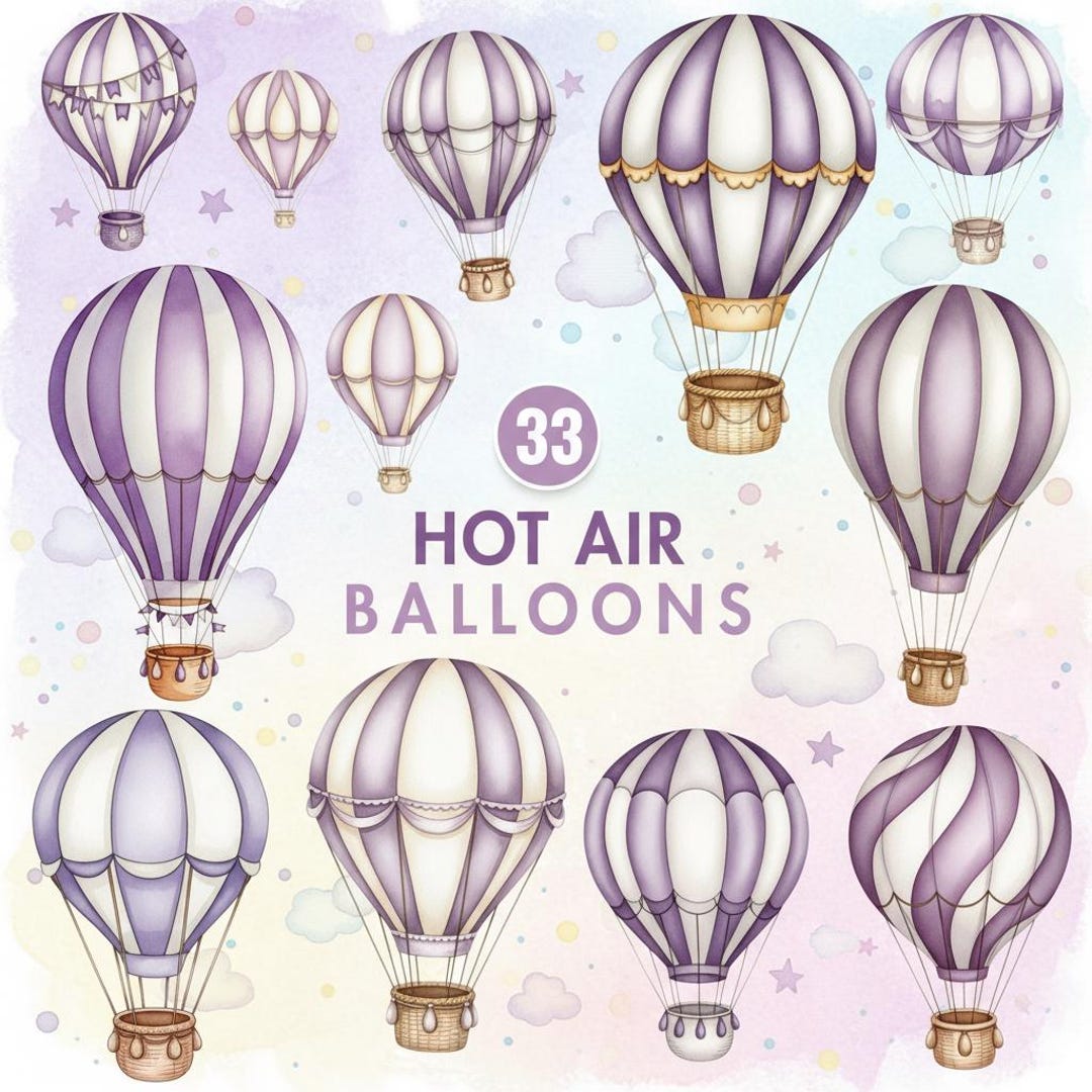 Watercolor Hot Air Balloon Clipart, Purple Hot Air Balloon, Baby Shower ...