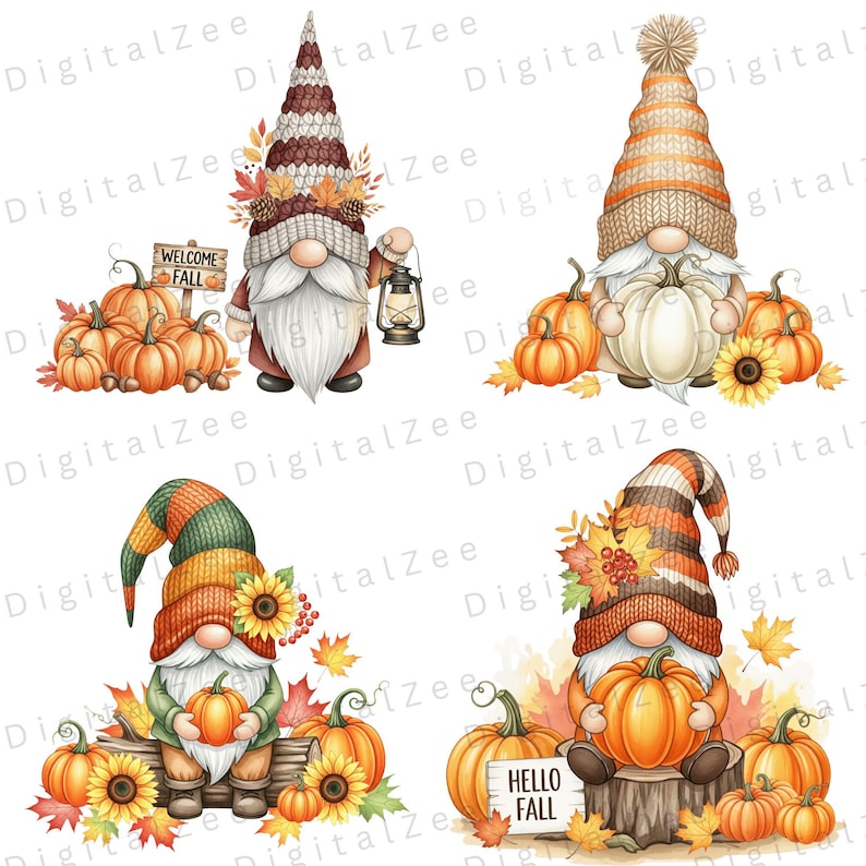 Fall Gnome Clipart, Autumn Gnome PNG, Watercolor Gnome Set, Pumpkin ...