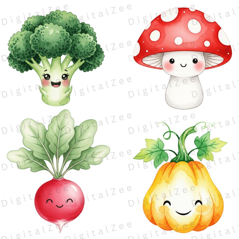 Cute Vegetable Clipart, Watercolor Veggies PNG, Kawaii Food Clipart ...