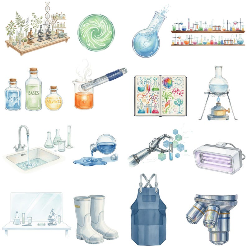 Science Lab Clipart, Watercolor Chemistry PNG, Microscope, Test Tubes ...