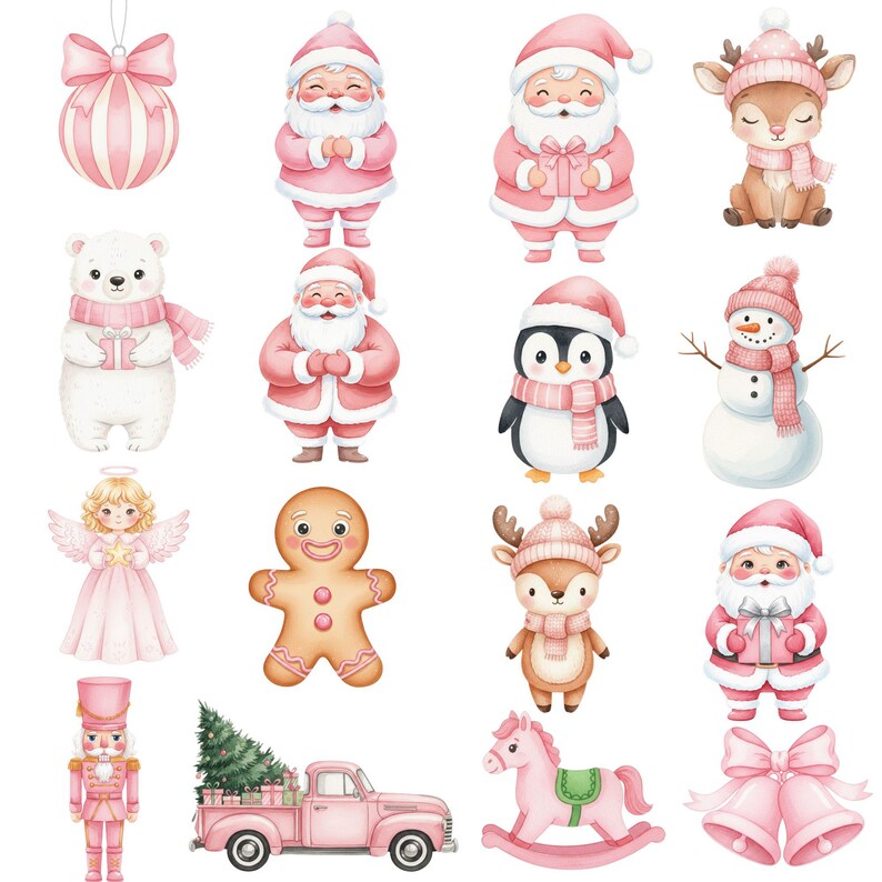 Pink Christmas Clipart, Watercolor Cute Christmas PNG, Christmas PNG ...
