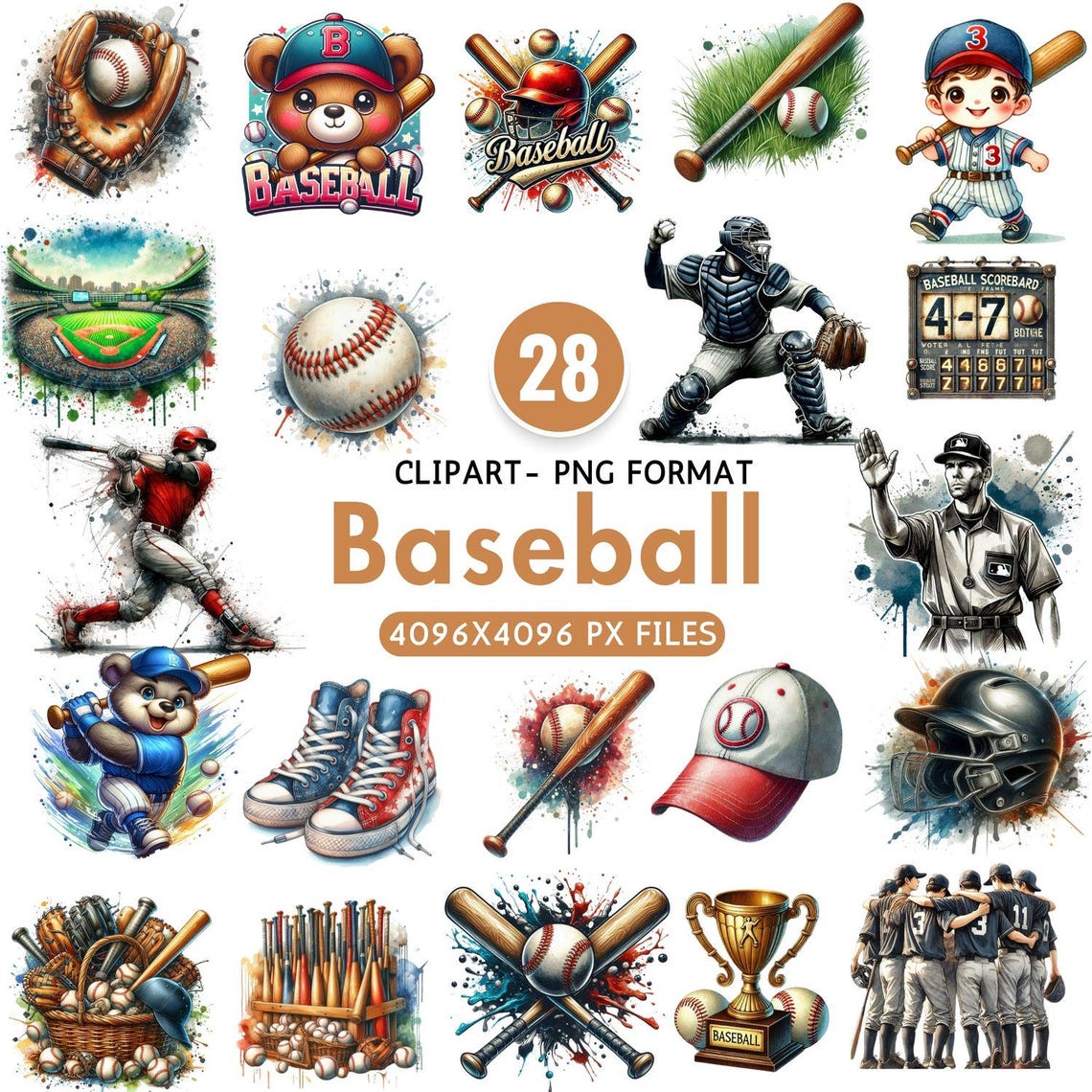 Watercolor Baseball Clipart, Sports Clipart, Softball Glove Ball Bat ...