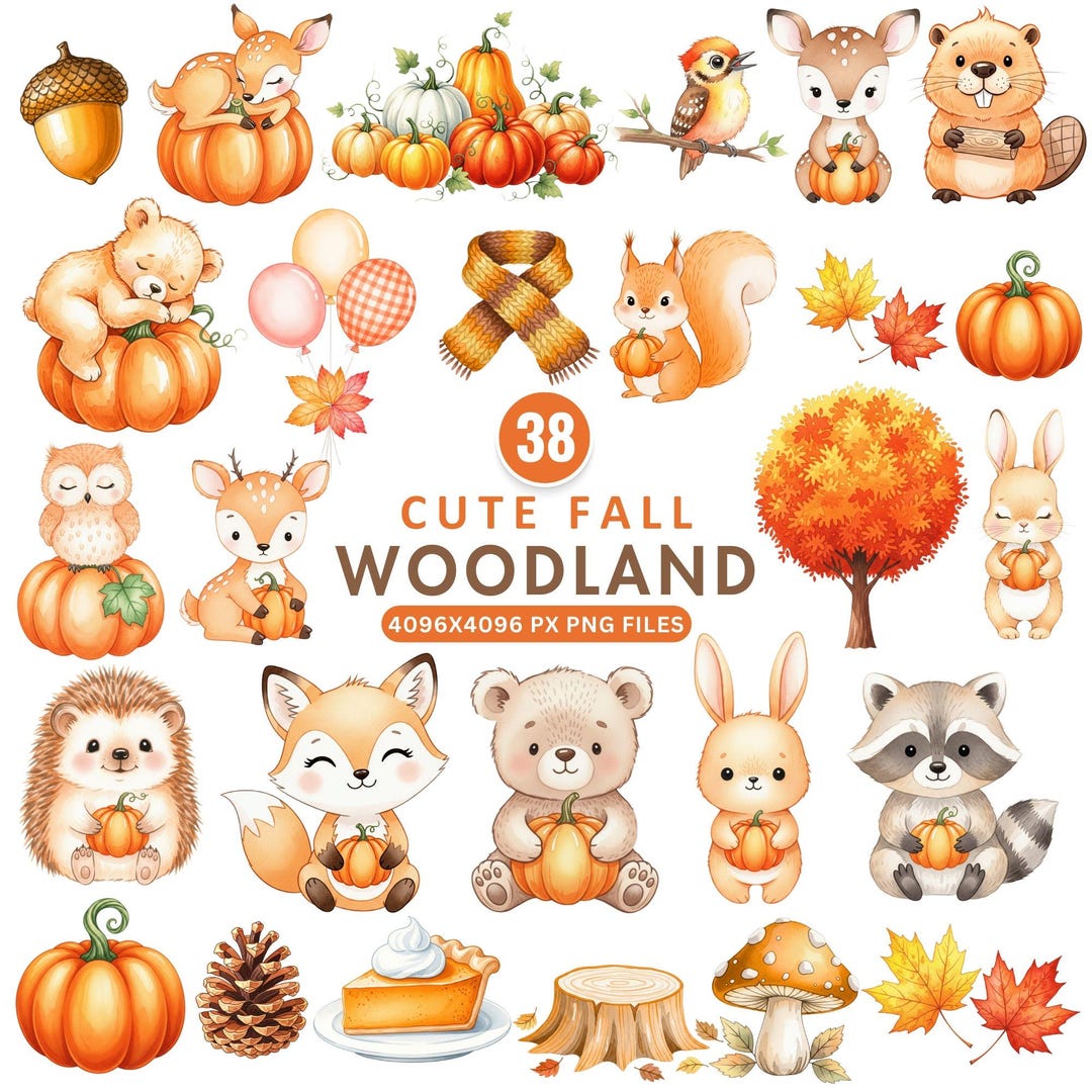Cute Fall Woodland Clipart, Autumn Forest Animals PNG, Watercolor Bear ...