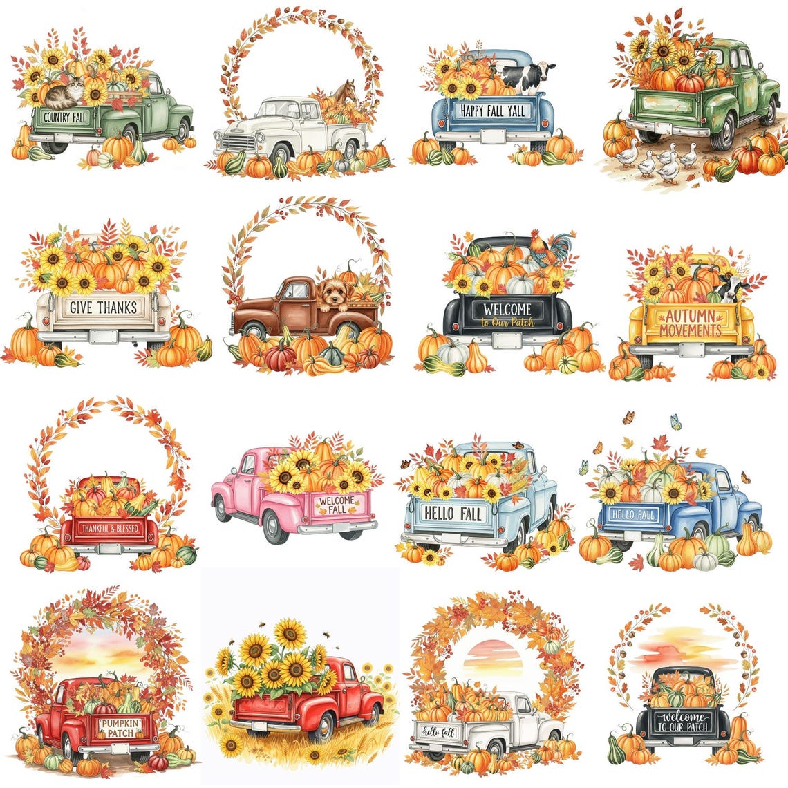 Watercolor Fall Truck Clipart, Pumpkin Truck PNG, Vintage Farmhouse ...