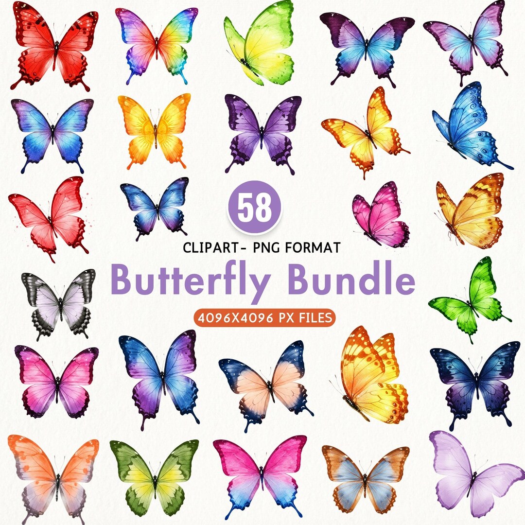 Watercolor Butterfly Clipart Bundle PNG Colorful Lilac Pink Purple ...