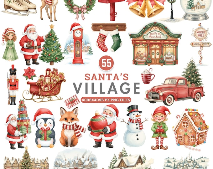 Watercolor Santa's Village Clipart Png Bundle, Reindeer Christmas ...