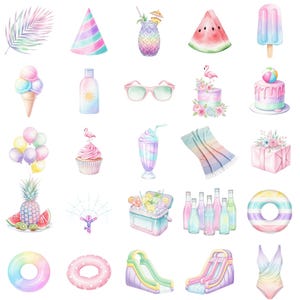 Pool Party Clipart, Cute Watercolor Pastel Summer Clipart for Kids, Ice ...