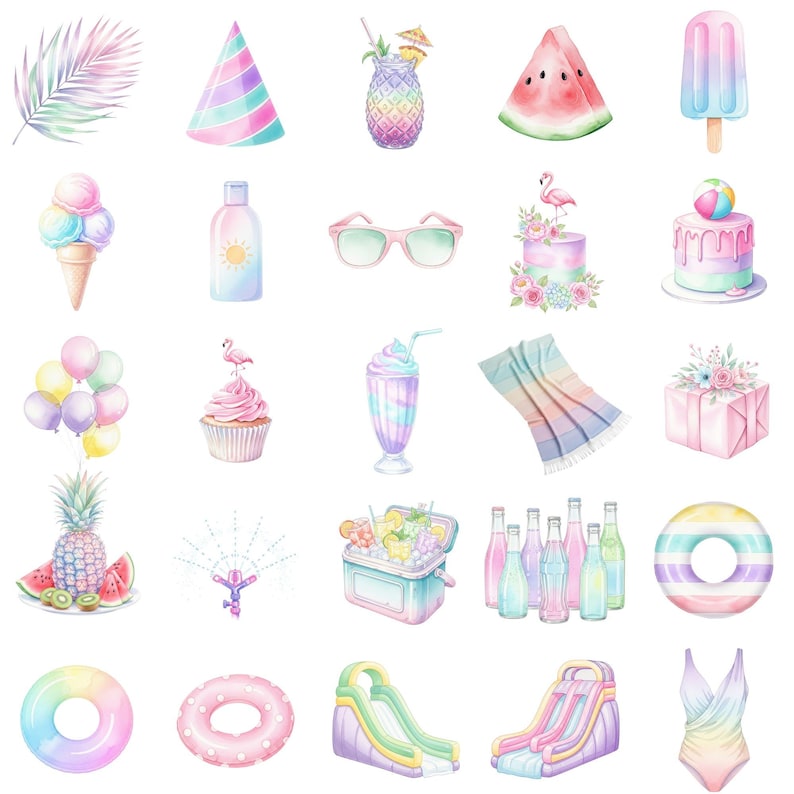 Pool Party Clipart, Cute Watercolor Pastel Summer Clipart for Kids, Ice ...