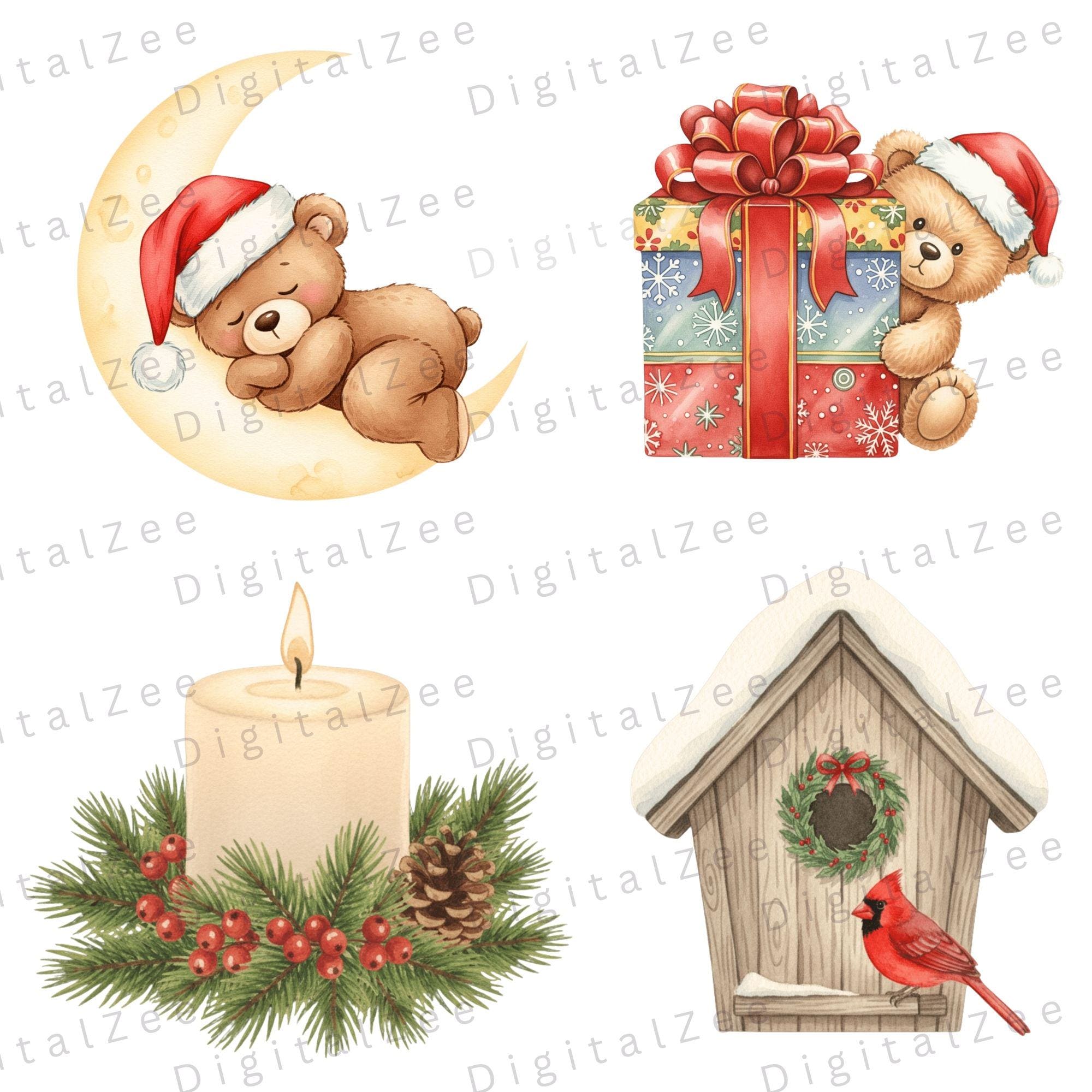 Christmas Teddy Bear Clipart, Watercolor Christmas PNG, Cute Holiday ...