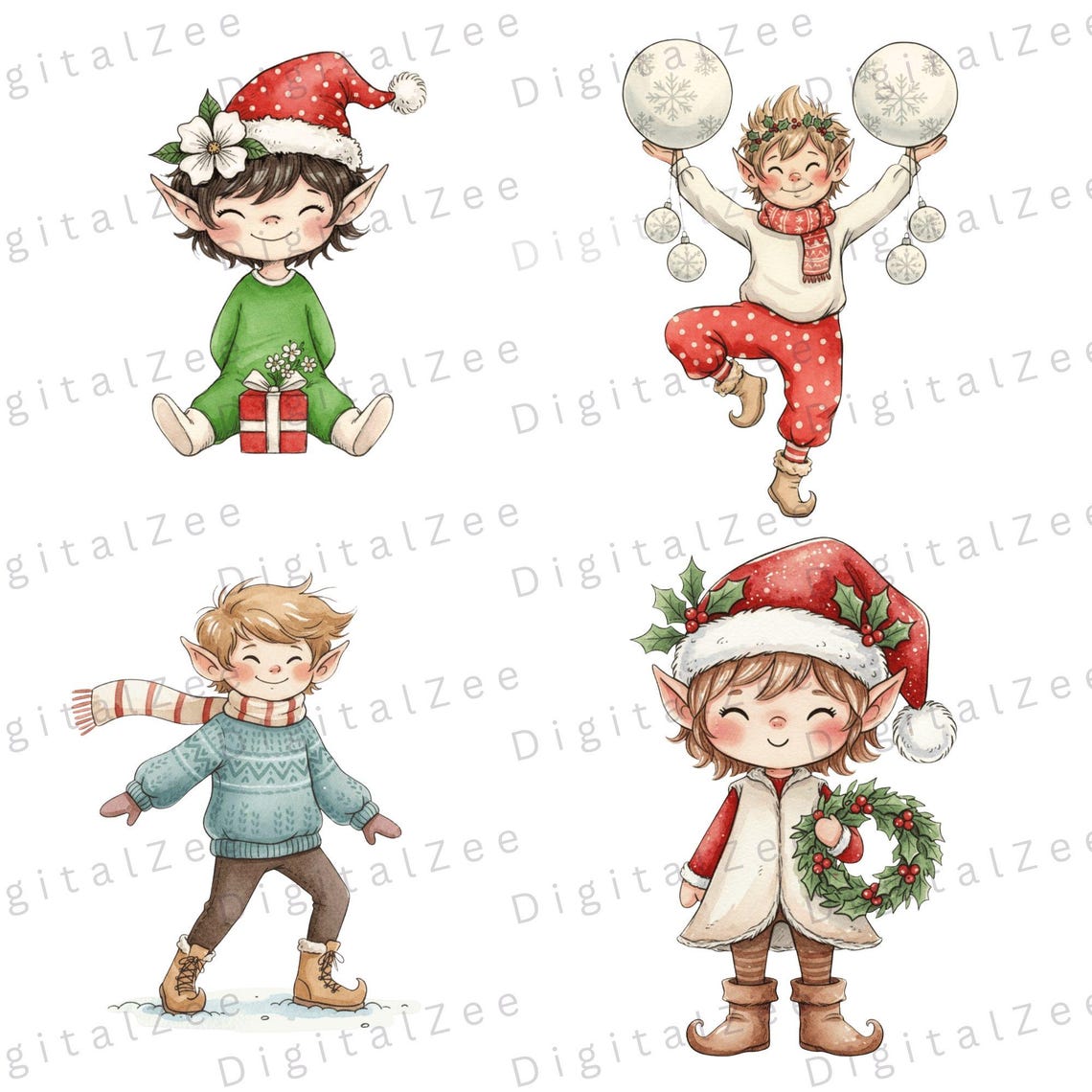 Whimsical Christmas Elf Clipart, Cute Watercolor Elves PNG, Festive ...