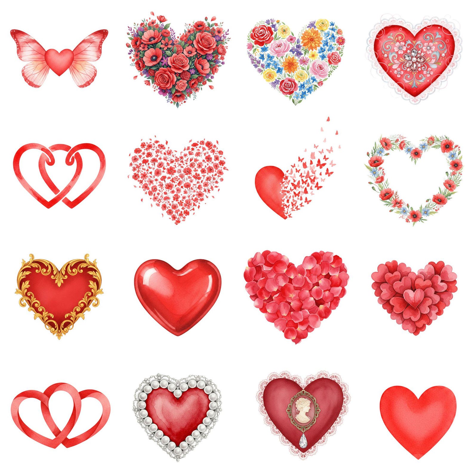 Valentine Hearts Clipart, Red Heart Clipart, Watercolor Love Clipart ...