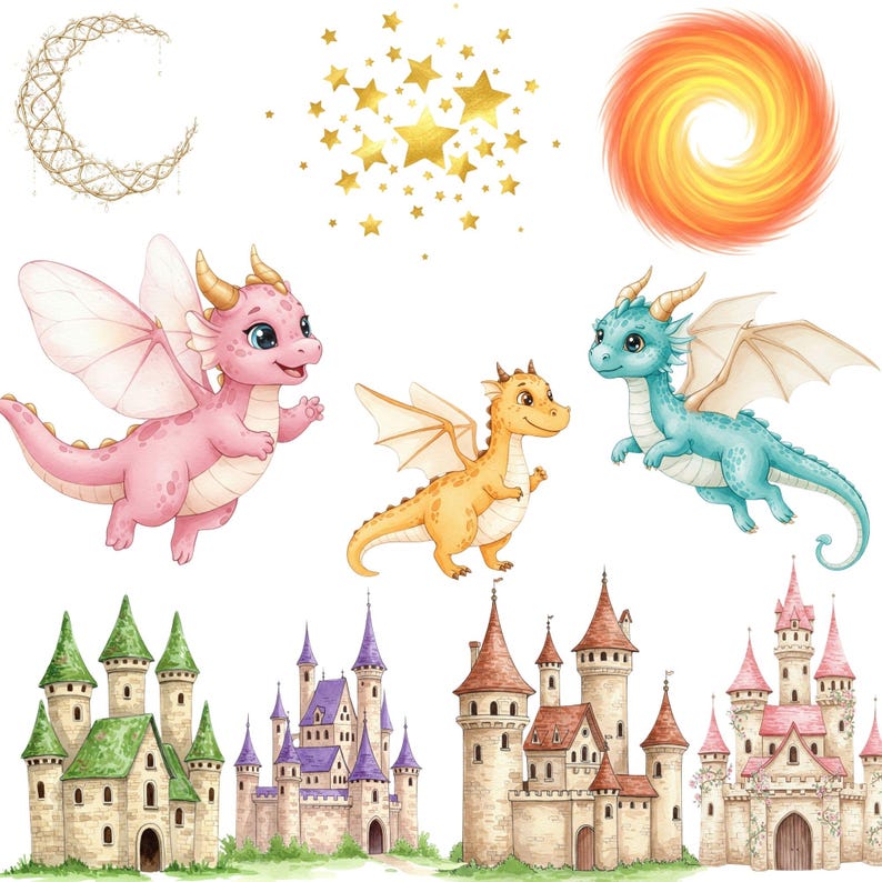 Baby Dragon Clipart, Cute Watercolor Fantasy Dragons Png, Flying ...