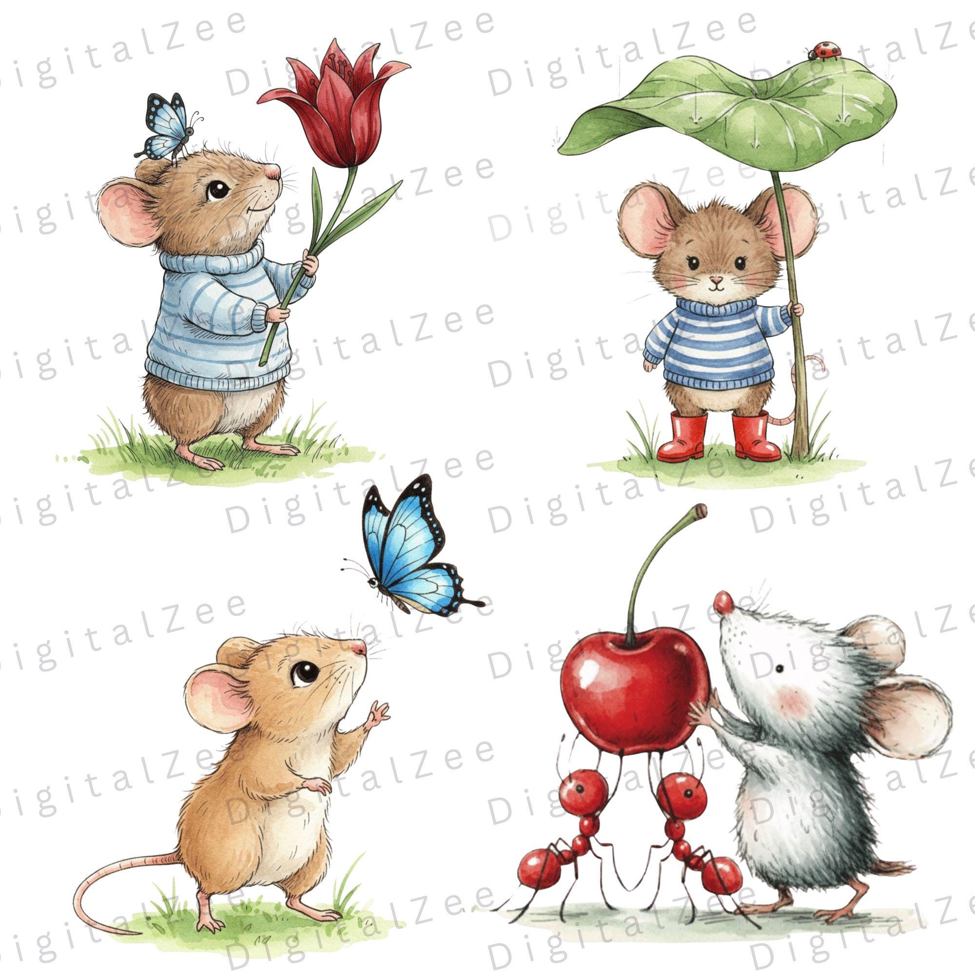 Whimsical Mouse Clipart, Cute Animal Illustration, Watercolor Mouse PNG ...
