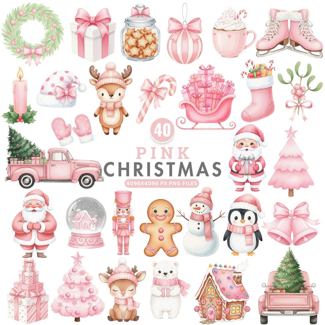Pink Christmas Clipart, Watercolor Cute Christmas PNG, Christmas PNG ...