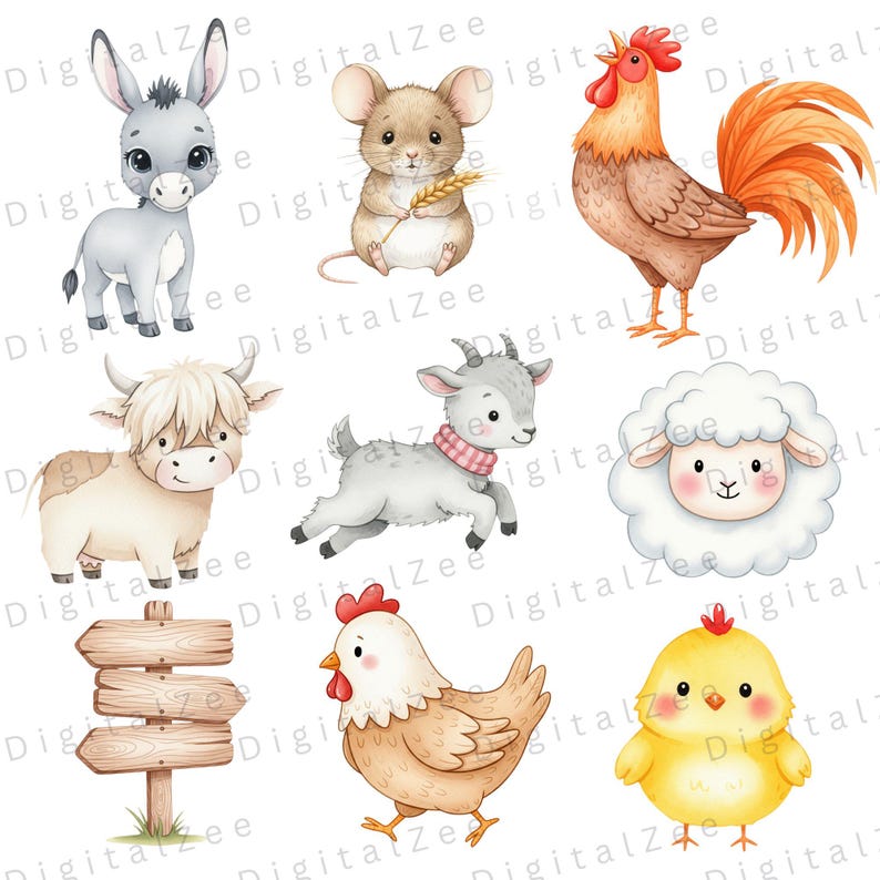 Cute Farm Clipart, Watercolor Farm Animals PNG, Baby Farm Clipart, Barn ...