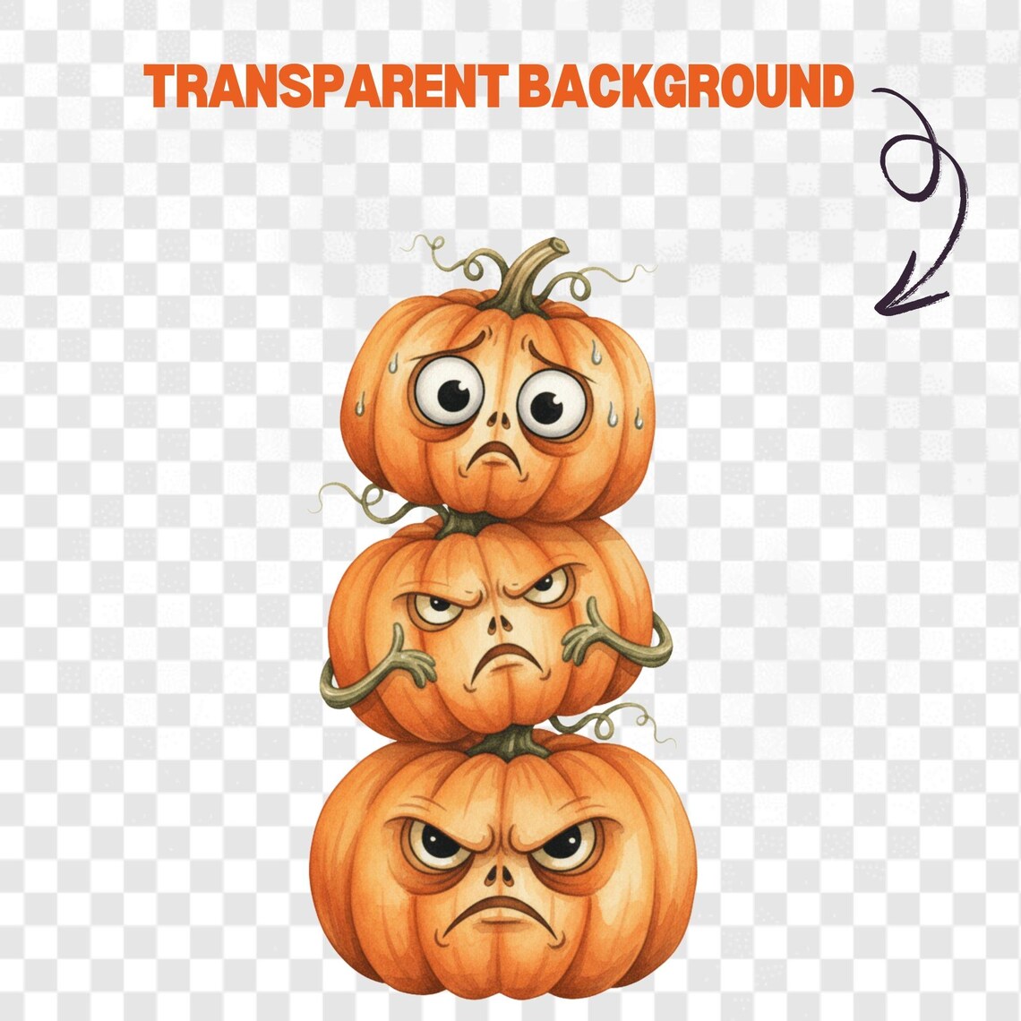 Quirky Halloween Pumpkin Clipart, Funny Jack-o-lantern PNG, Watercolor ...
