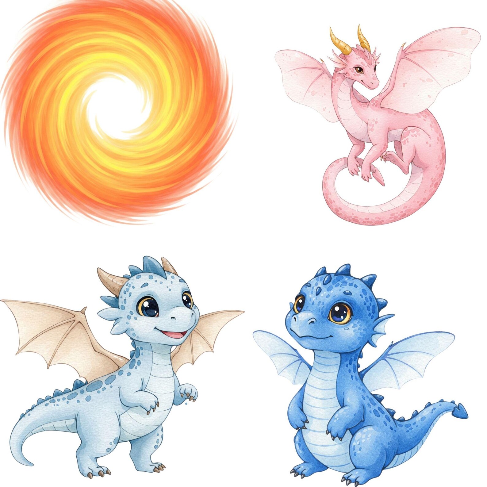 Baby Dragon Clipart, Cute Watercolor Fantasy Dragons Png, Flying ...