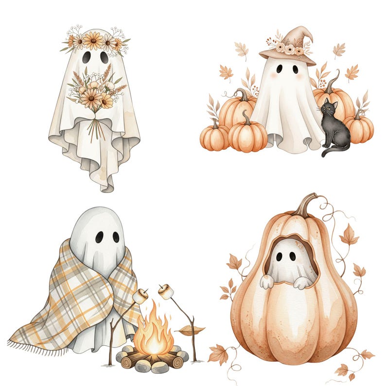 Vintage Fall Ghost Clipart, Boho Floral Halloween Ghost PNG, Autumn ...