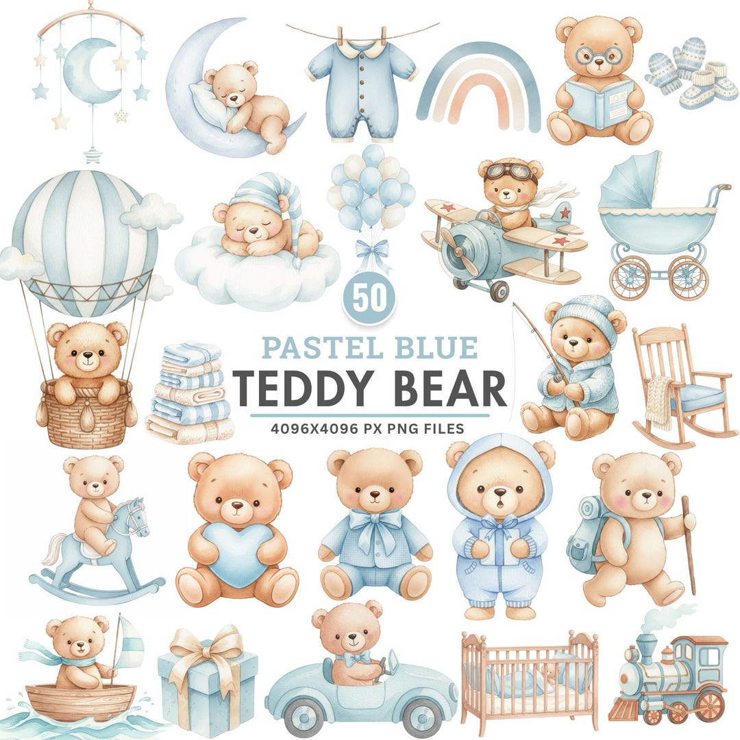 Blue Teddy Bear Clipart, Baby Boy PNG, Baby Shower Clipart, Nursery ...