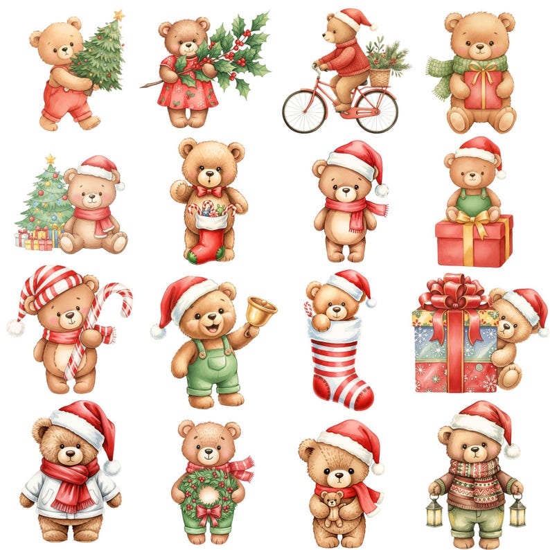 Christmas Teddy Bear Clipart, Watercolor Christmas PNG, Cute Holiday ...