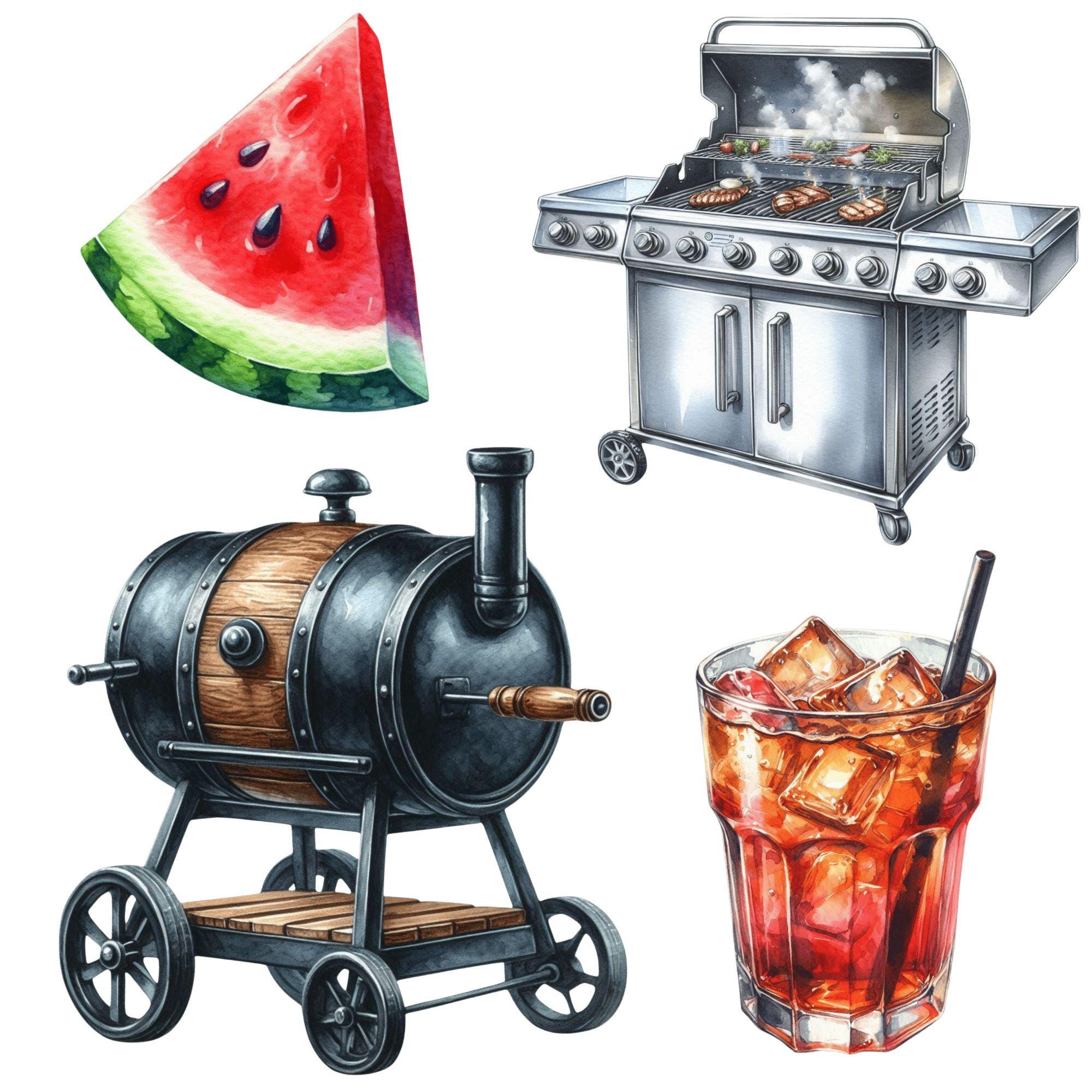 Watercolor BBQ Clipart, Barbecue Party Clipart, Grill Clipart, Summer ...