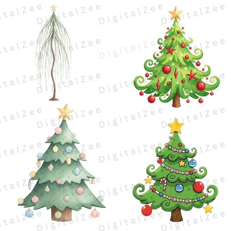 Whimsical Christmas Tree Clipart, Watercolor Tree PNG, Whimsy Holiday ...