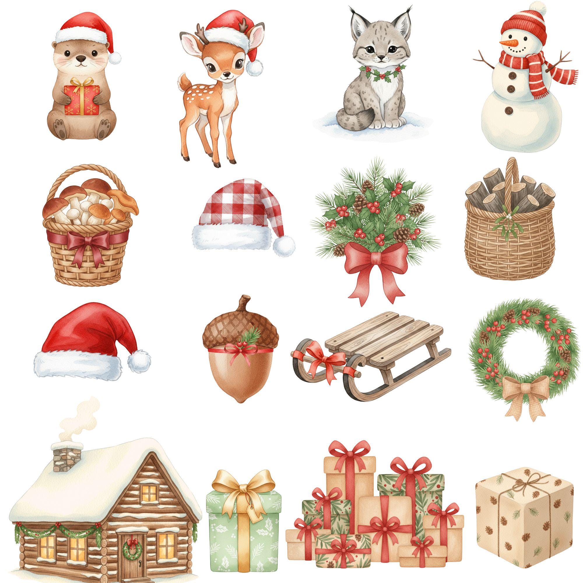 Christmas Woodland Animals Clipart, Watercolor Forest Friends PNG, Cute ...