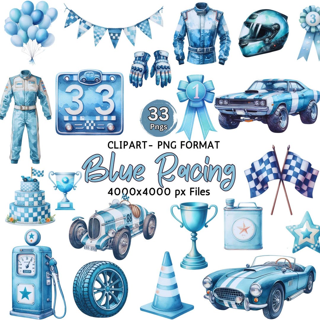 Watercolor Blue Racing Car Clipart Bundle: Vintage Racer PNG (digital ...