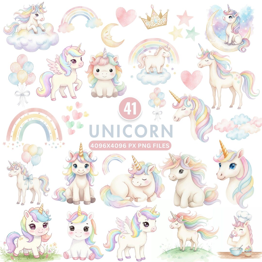 Pastel Unicorn Clipart, Cute Baby Unicorn PNG, Watercolor Rainbow ...