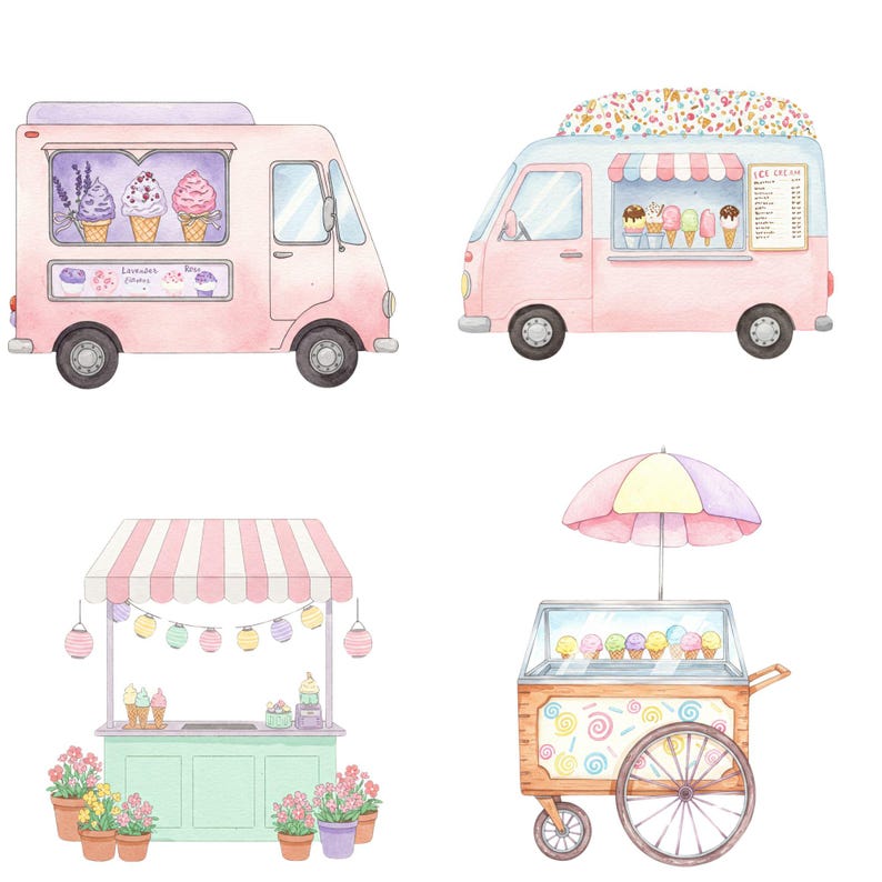 Ice Cream Cart Clipart, Watercolor Ice Cream Truck PNG, Pastel Ice ...