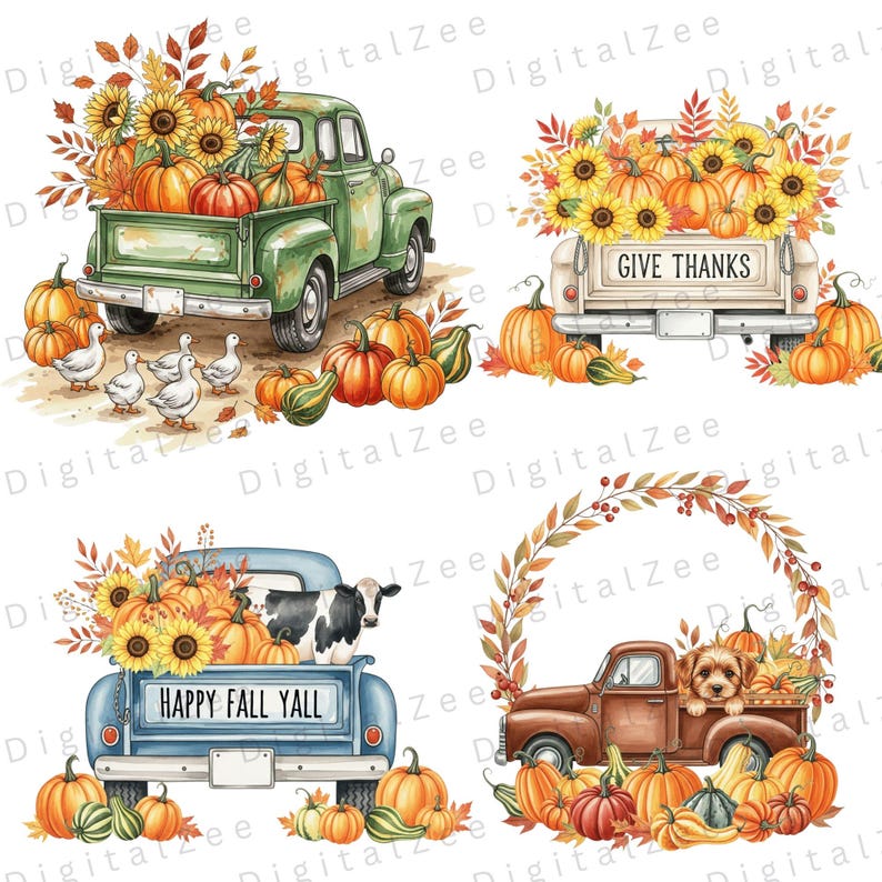 Watercolor Fall Truck Clipart, Pumpkin Truck PNG, Vintage Farmhouse ...