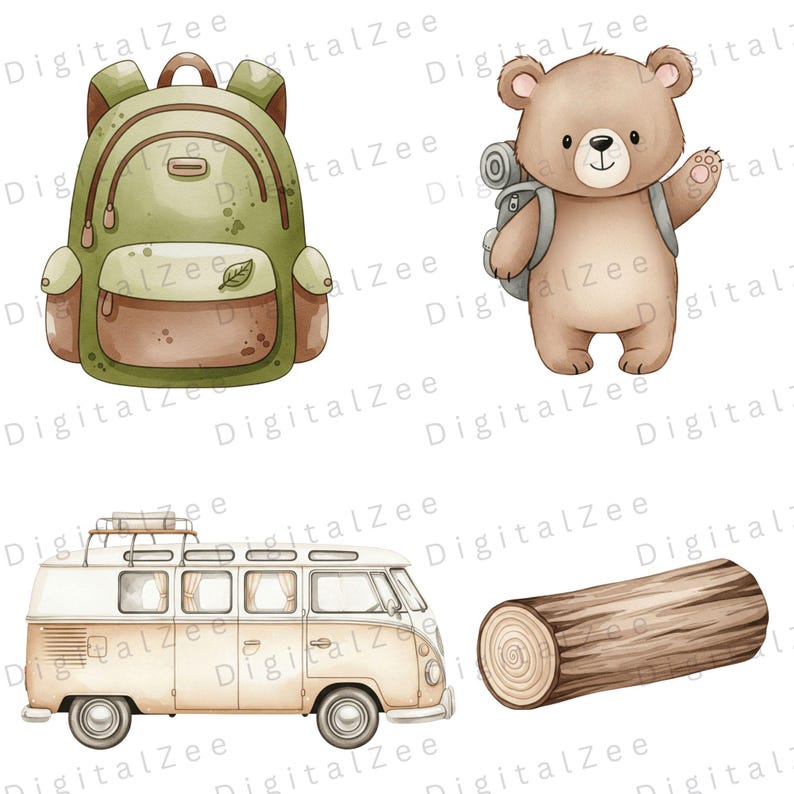 Watercolor Camping Clipart, Cute Camping Animals PNG, Woodland Bear Fox ...